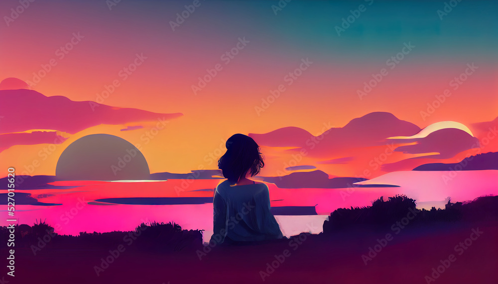 A sad girl looking into the distance at sunset. Emotional, depressing ...