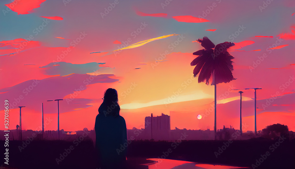 A sad girl looking into the distance at sunset. Emotional, depressing ...