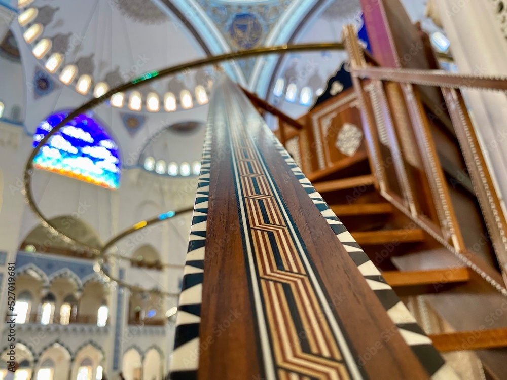 Ancient looking stairs in mosque. Domes and indoor of the mosque ...