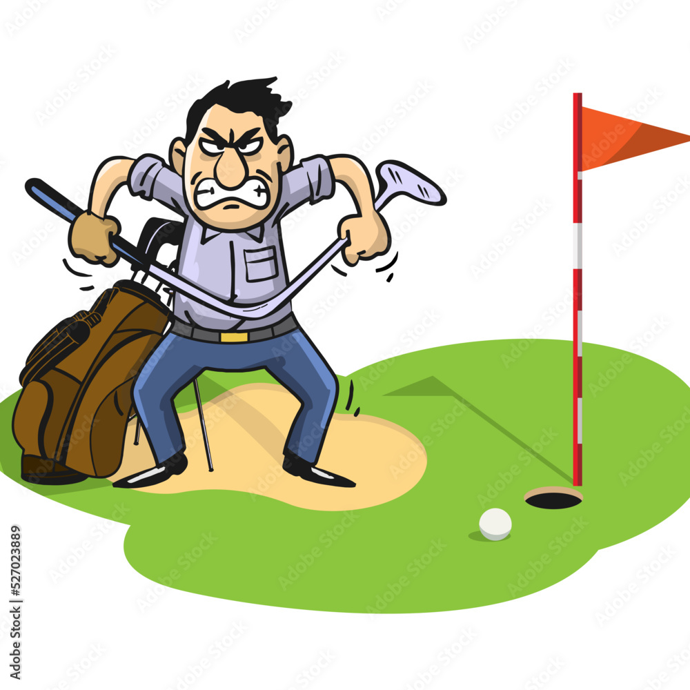 Cartoon style vector illustration of a frustrated caucasian male golfer ...