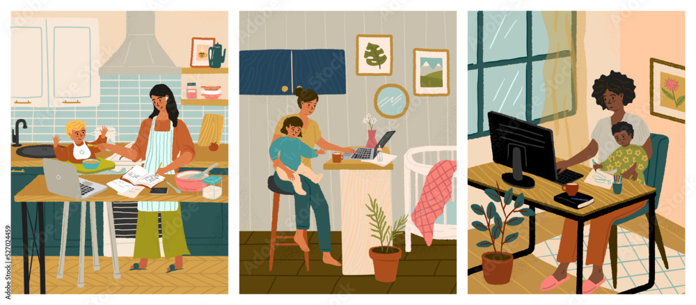 Woman holding her baby and working on computer at home. Working mom ...