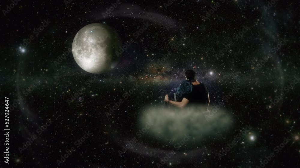 Vidéo Stock Romantic Couple Floating Cloud Space Full Moon. Man and woman embraced floating on a ...