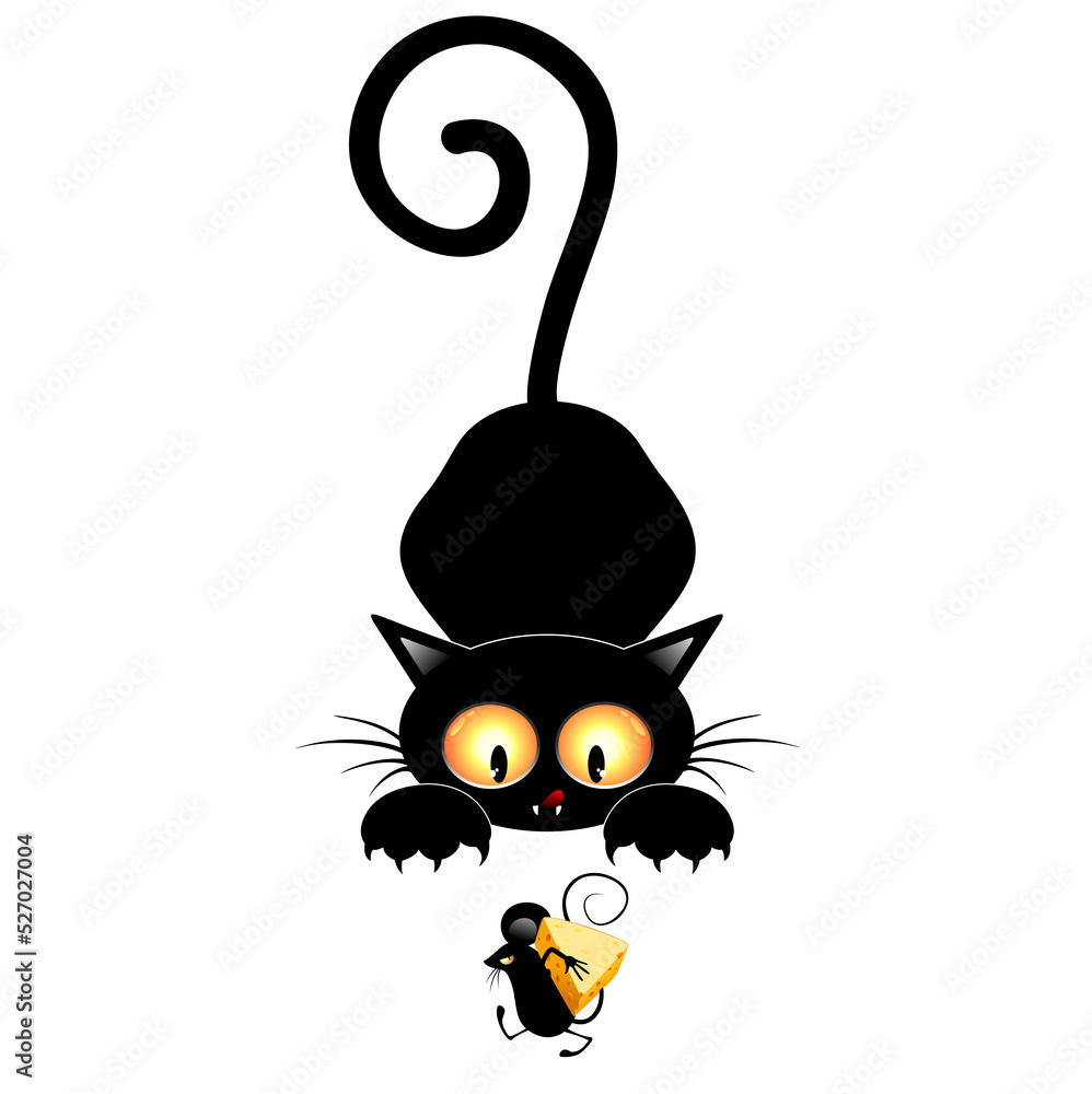 Cat Funny Cartoon Character Chasing a mouse carrying cheese isolated ...