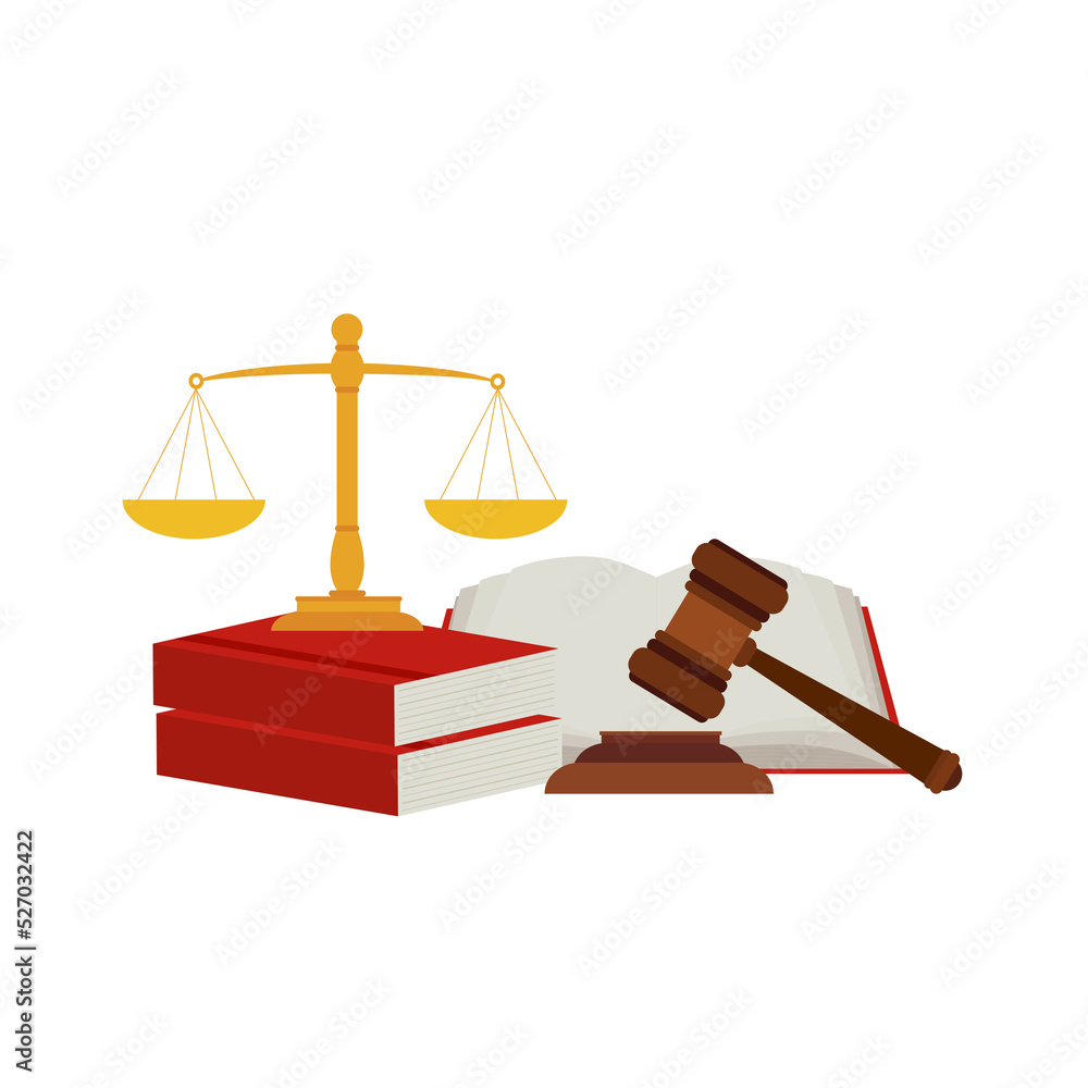 Justice scale, judge's hammer, law book, concept of court judgment to ...