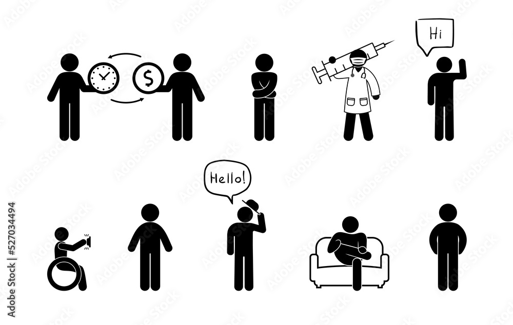 stick figure man, icons set, people in different situations Stock ...