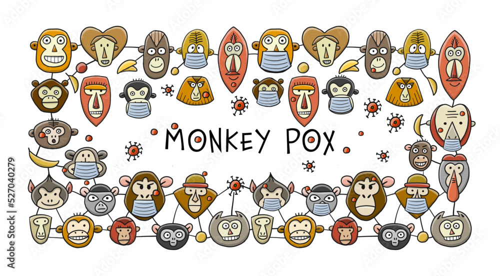 Monkeypox 2022 virus - disease transmitted by monkey. Concept art ...