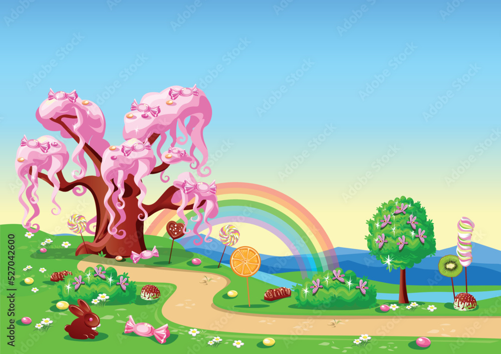 Vetor de Sweet cotton candy tree in candy land. Fairy tale tree ...