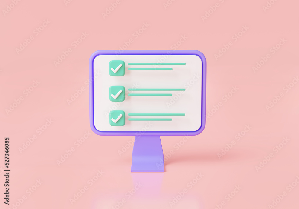 Checklist on computer isolated on pink background. PC and check list ...