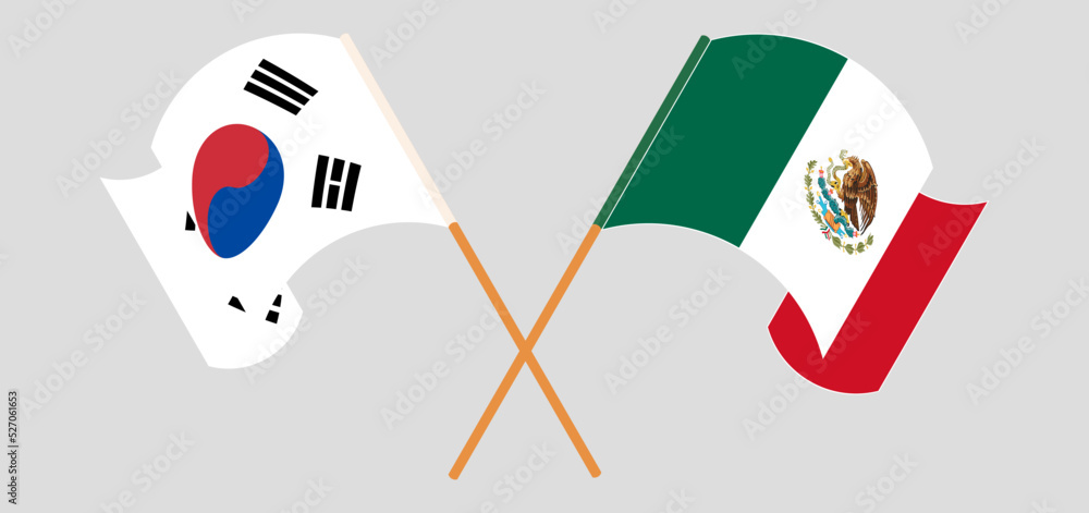 Crossed and waving flags of South Korea and Mexico. Vector illustration ...