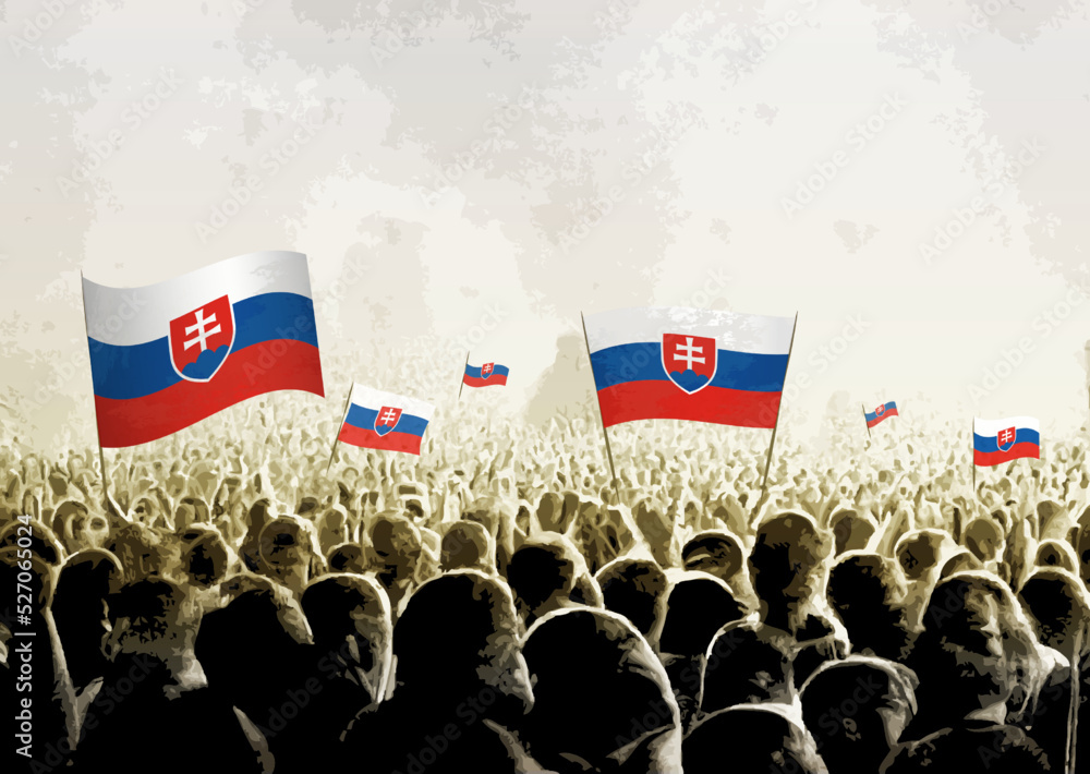 Crowd with the flags of Slovakia, people cheering national team of ...