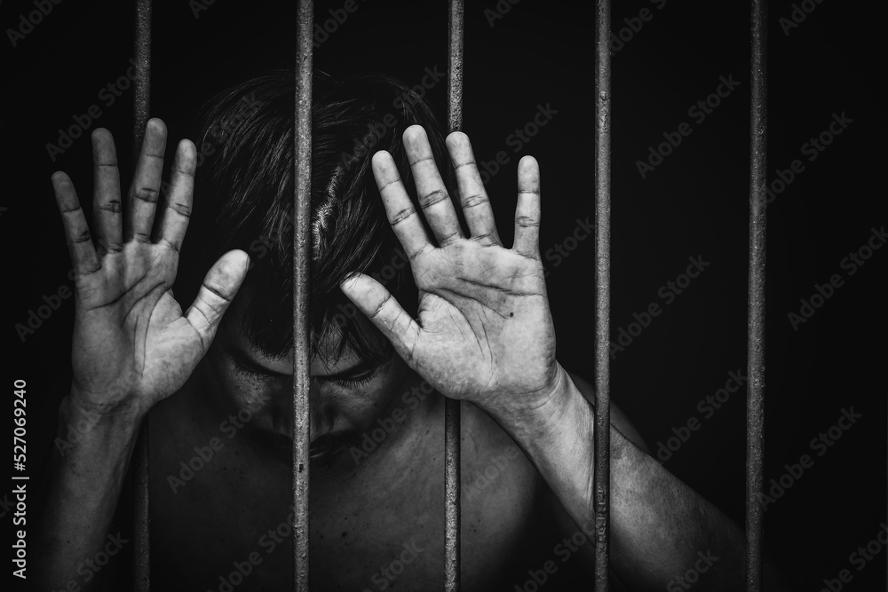 prison man crime in gaol, hold hand iron bar jail, punishment convict ...