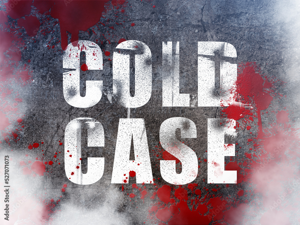 The word cold case against a concrete floor with old blood splatter and ...