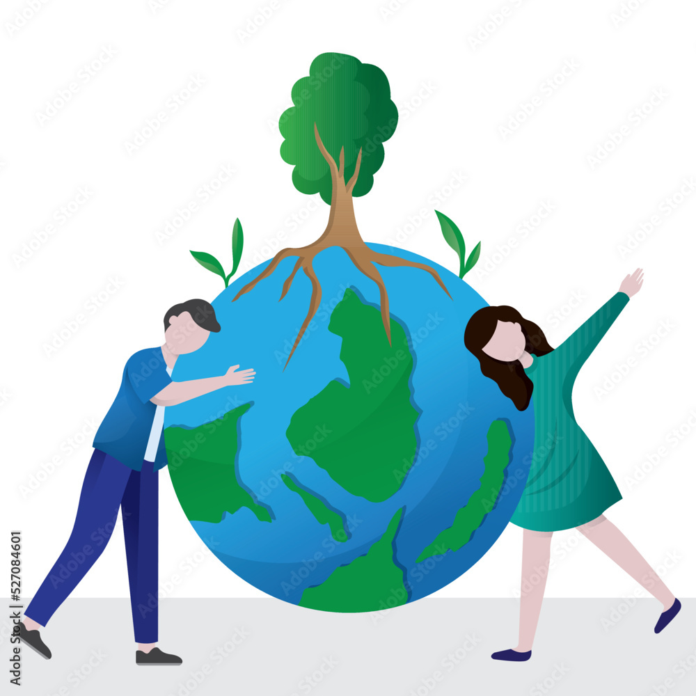 Earth day concept, happy people on earth planet illustration, flat ...