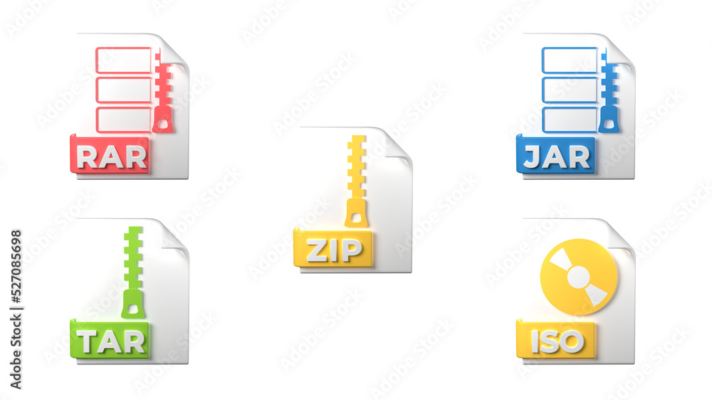 File format extensions. rar, zip, jar, iso, tar file format archive icons. Transparent ...