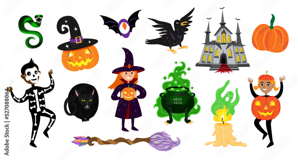 Set of Halloween vector illustrations. Cute kids Halloween characters ...