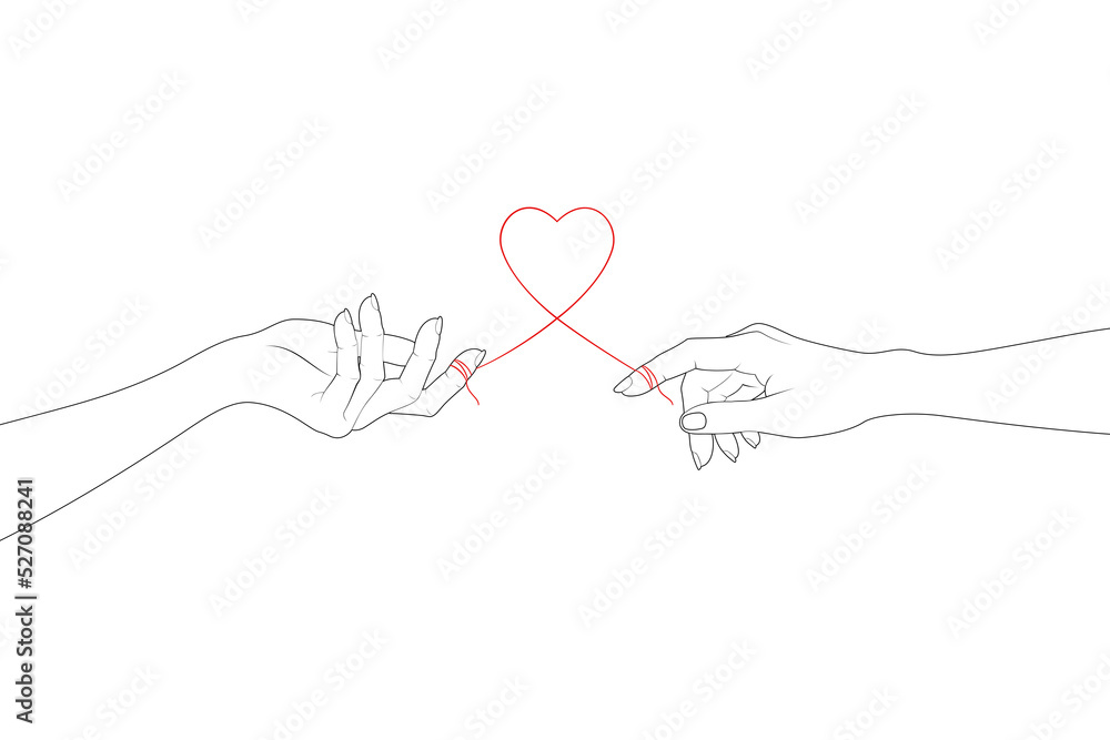 hand gestures linear drawing Two hands and a heart connected by a red ...