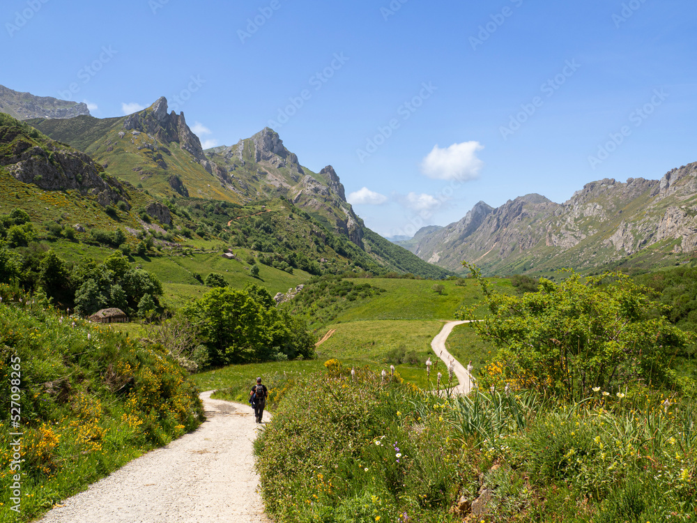 Vistas de una persona caminando a lo lejos, por un sendero de montaña ...
