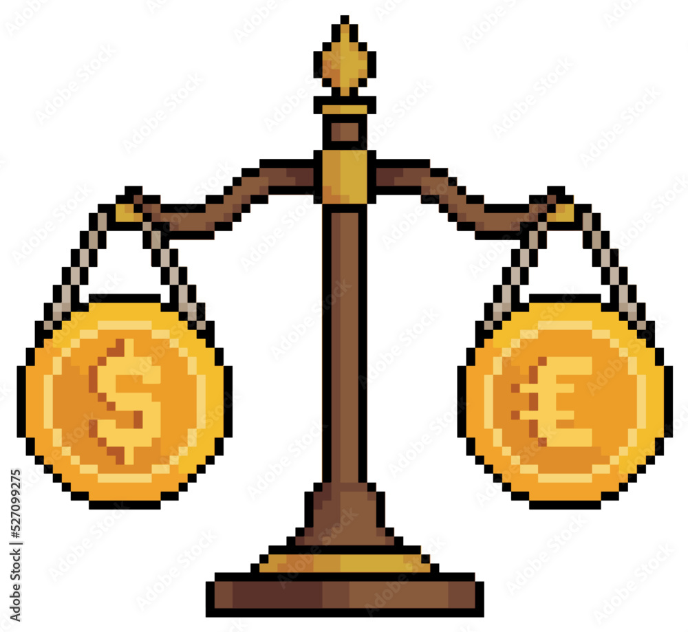 Pixel art scales with dollar and euro coins vector icon for 8bit game ...
