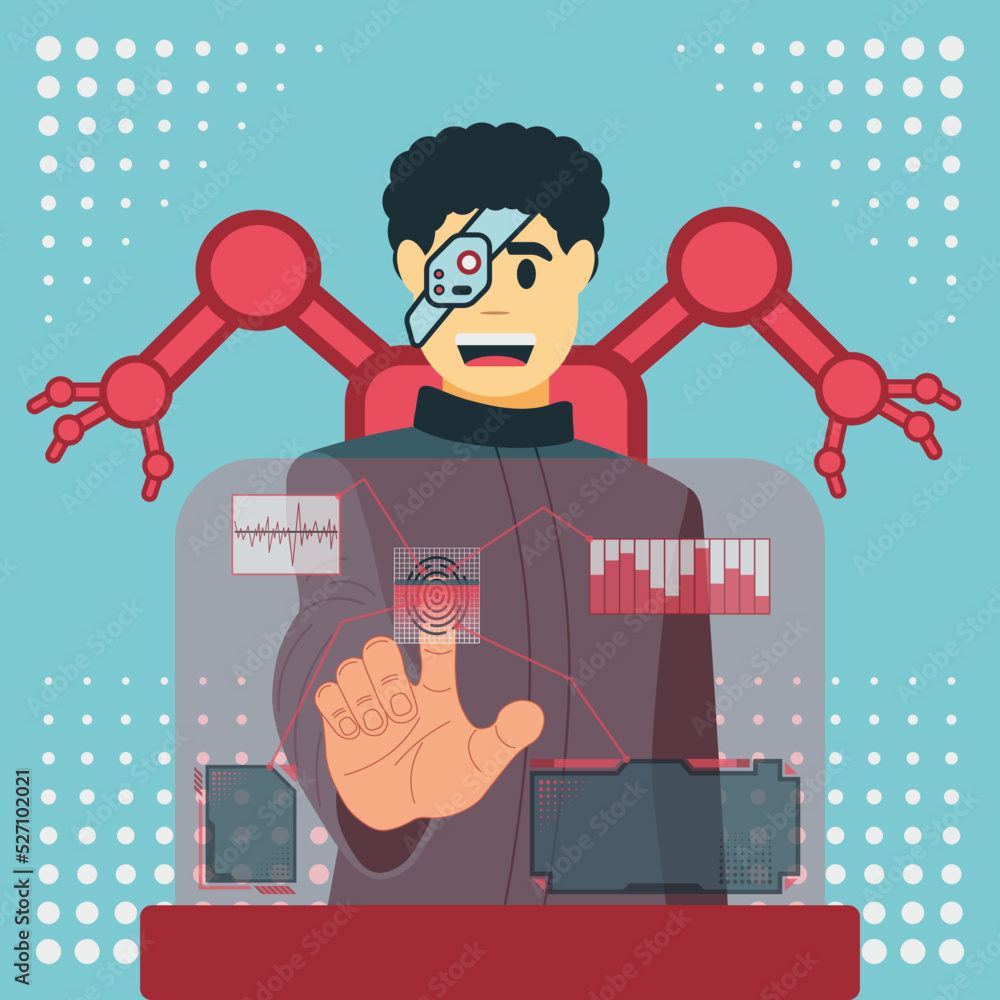 Man from the future with a cyber eye and two mechanical arms checks the ...