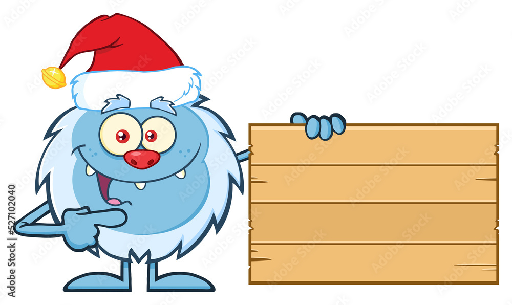 Happy Little Yeti Cartoon Mascot Character With Santa Hat Pointing To A ...