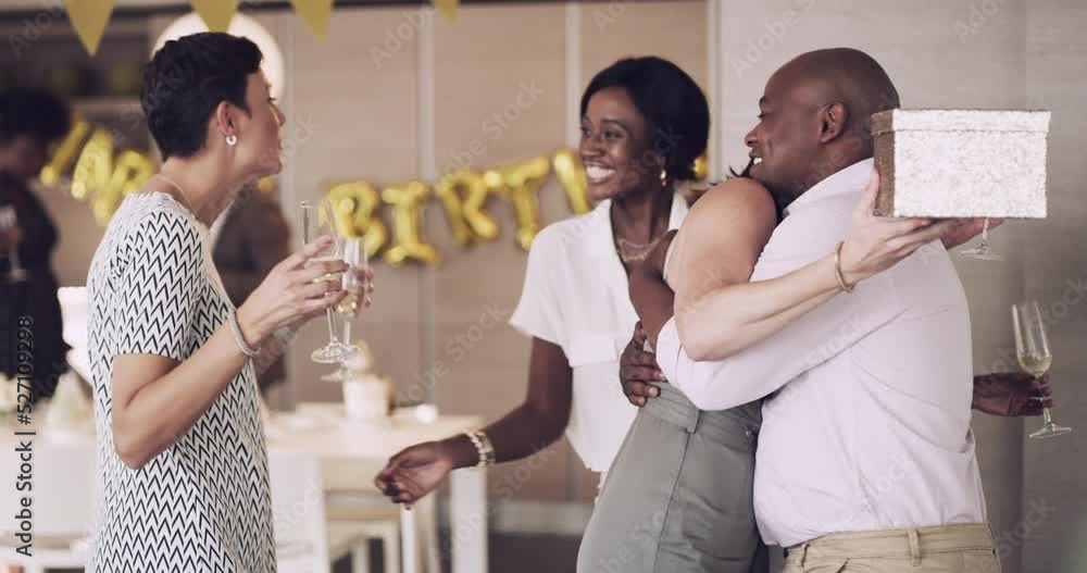 Friends at birthday party, celebration and social event with gift ...