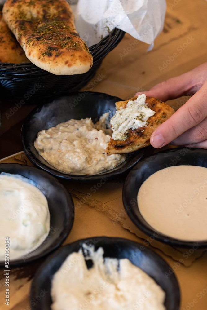 Israel and Lebanon cuisine served in restaurant. Middle eastern or ...