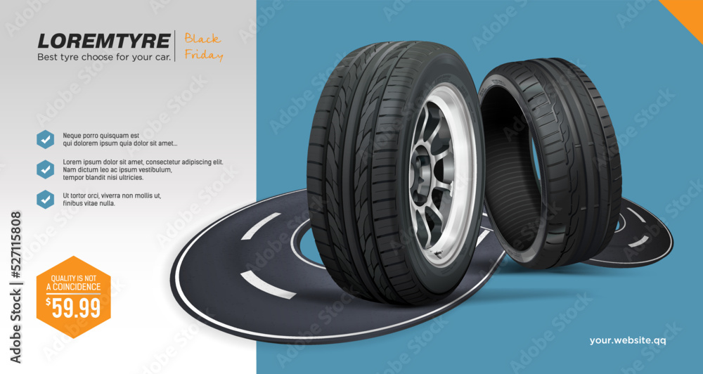 Vetor de The tire set of the car is on the road. Advertising banner. A ...