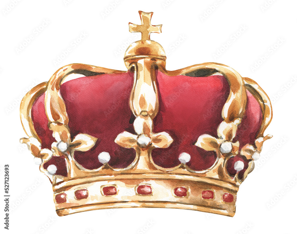 Watercolor Golden red King crown illustration, realistic detailed ...