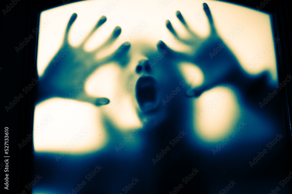 scary picture of hands behind glass, horror ghost woman behind door ...