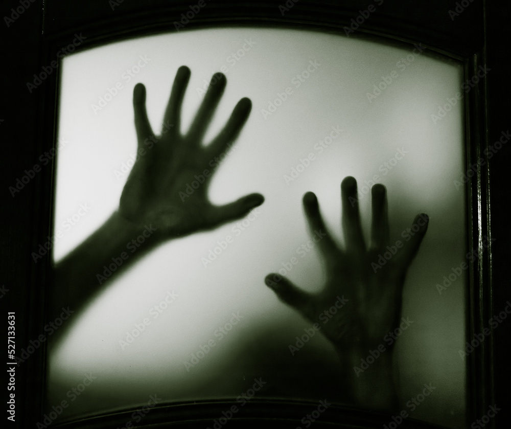 scary picture of hands behind glass, horror ghost woman behind door ...