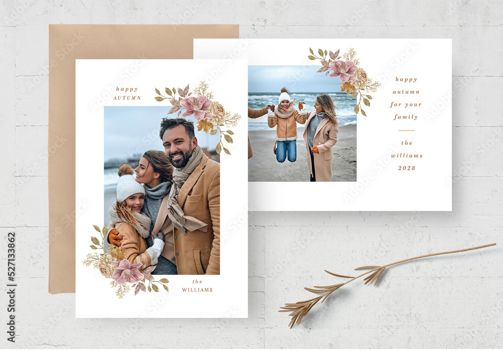 Family Photo Greetings Card with Delicate Autumn Flowers Stock Template ...