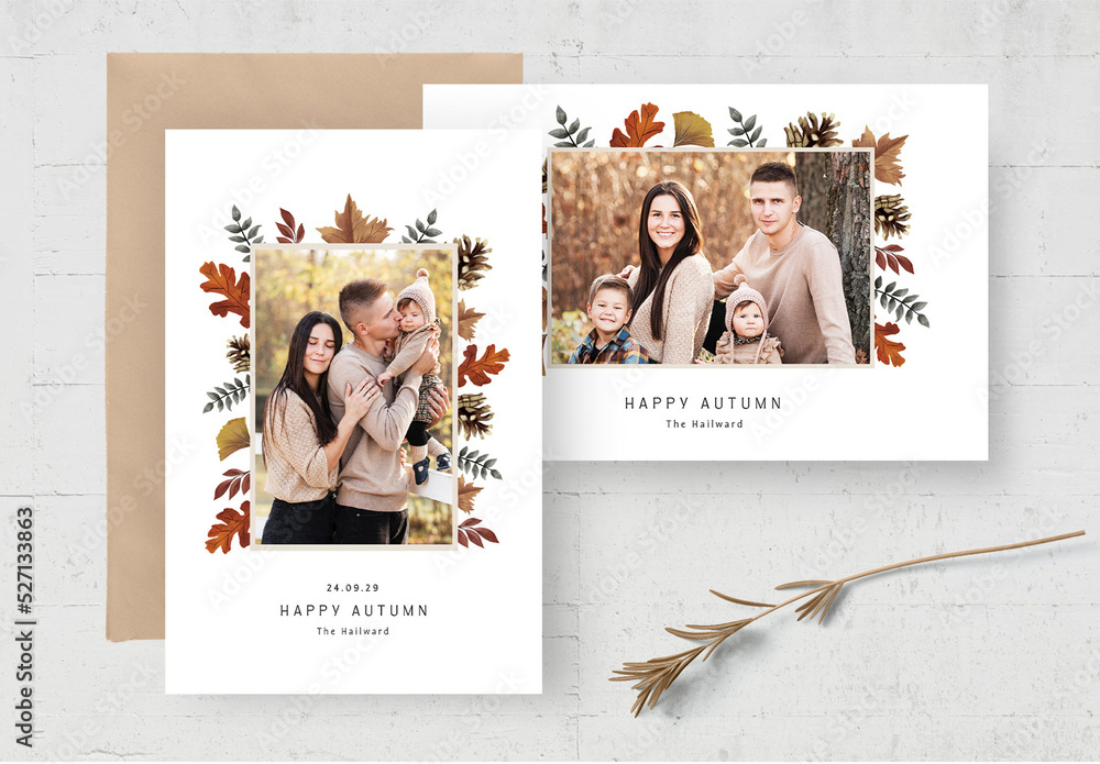 Autumn Photo Card Printable with Rustic Fall Leaves Stock Template ...