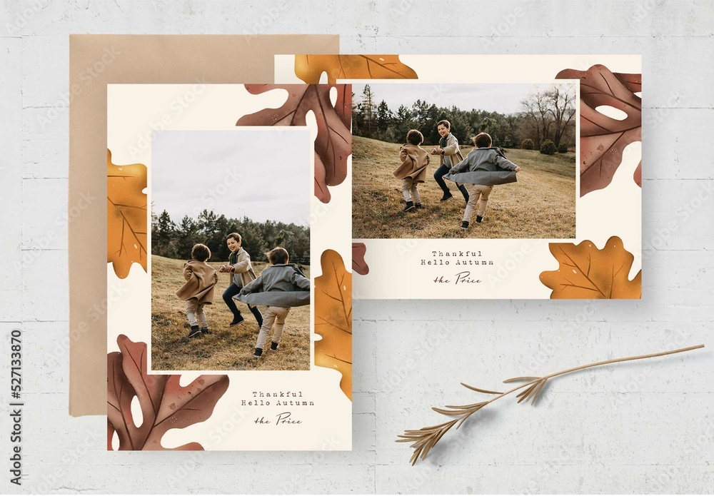 Autumn Photo Card Layout with Fall Leaves Stock Template | Adobe Stock