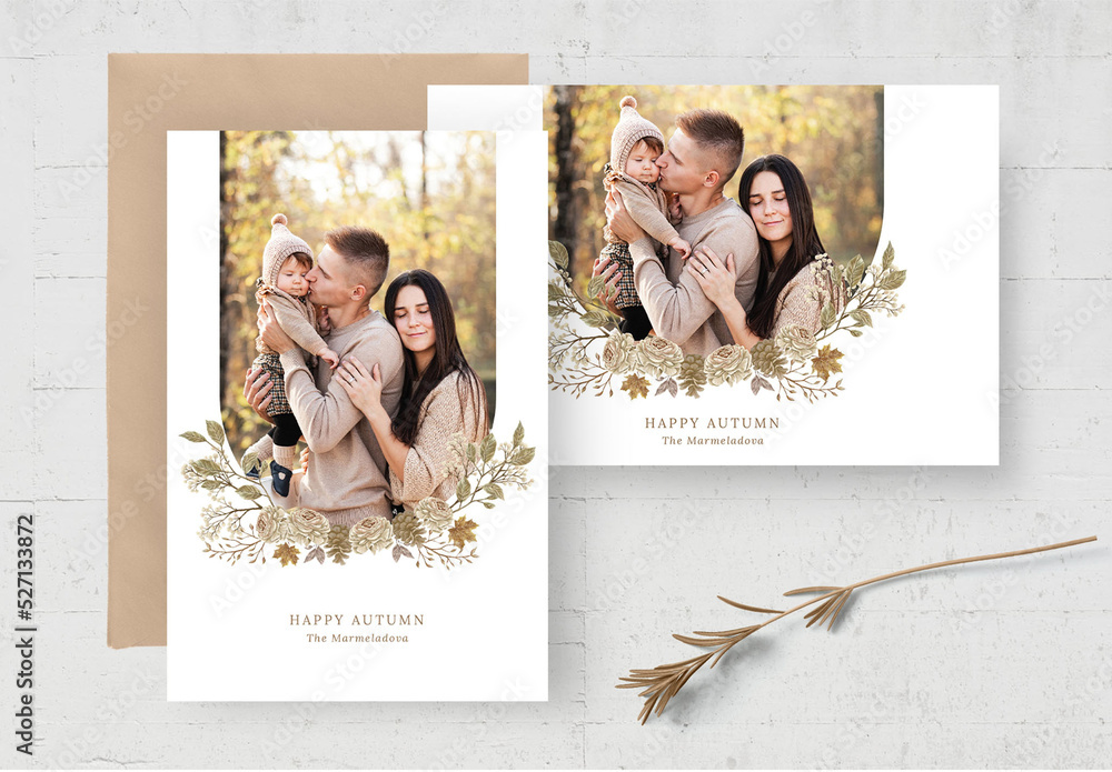 Family Photo Card Greetings Card Flyer with Rustic Flowers Stock ...
