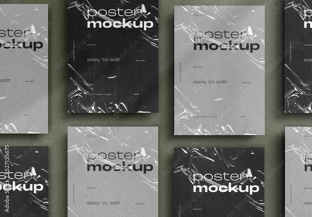 Multiple Minimalist Poster Mockups with Crumpled Plastic Wrap Overlay ...