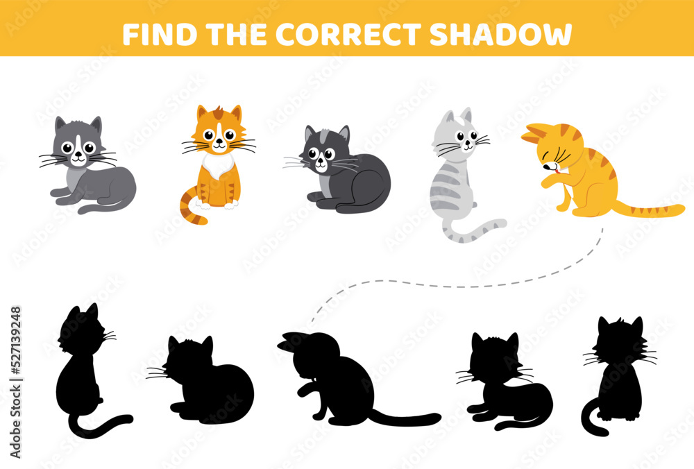 Cats. Find the correct shadow. Shadow matching game. Cartoon, vector ...