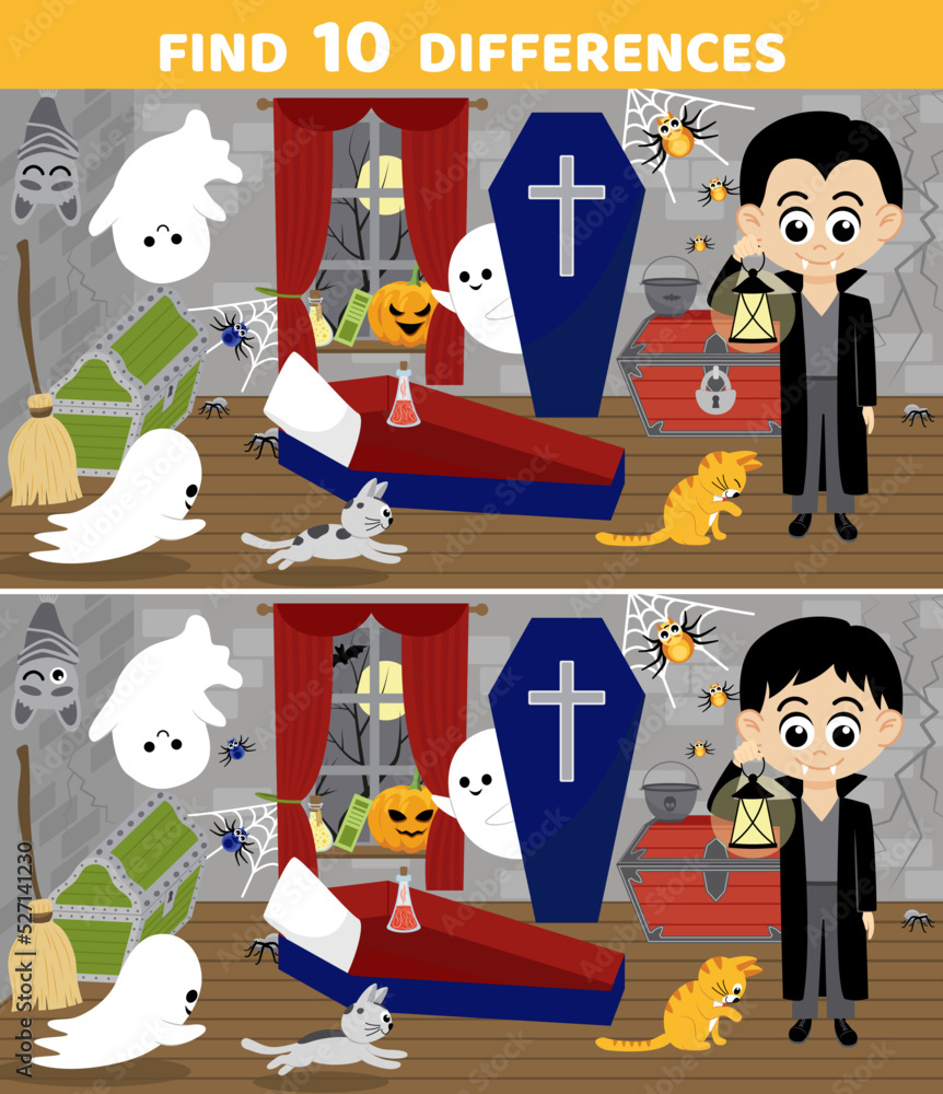 Vampire. Find 10 differences. Halloween game. Flat, cartoon, vector ...