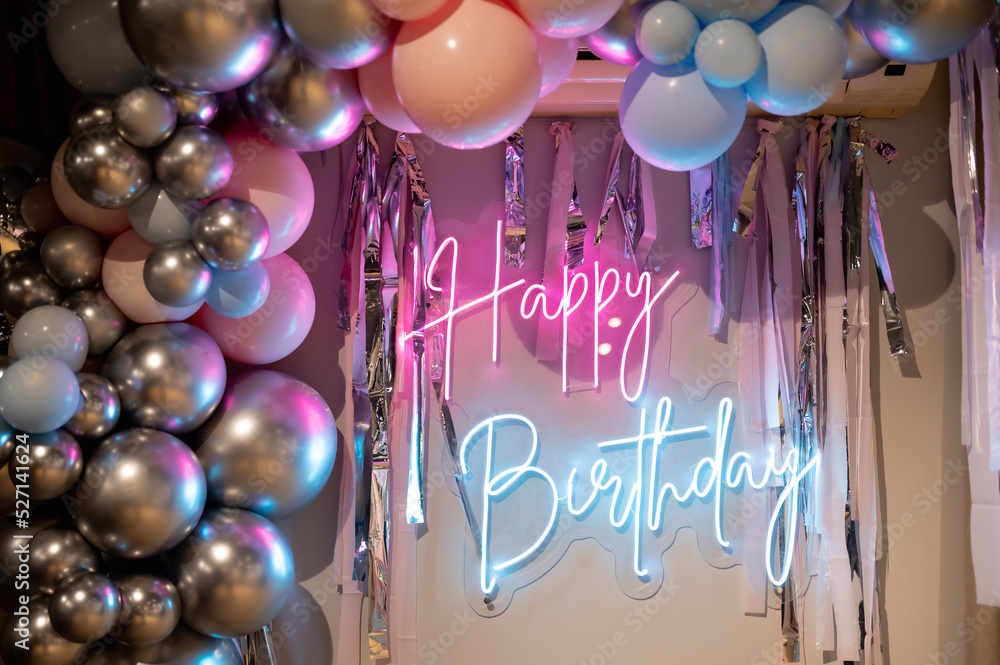 Colorful neon happy birthday. Trendy style. Happy Birthday background ...