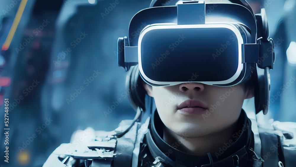 Man wearing 3d VR headset glasses looks up in cyberspace of metaverse. Virtual reality or ...