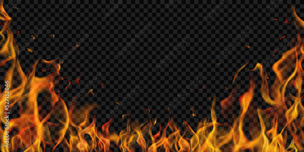 Translucent fire flames and sparks on transparent background. For used ...