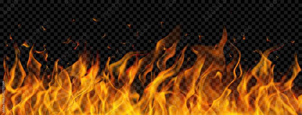 Translucent fire flames and sparks with horizontal repetition on ...