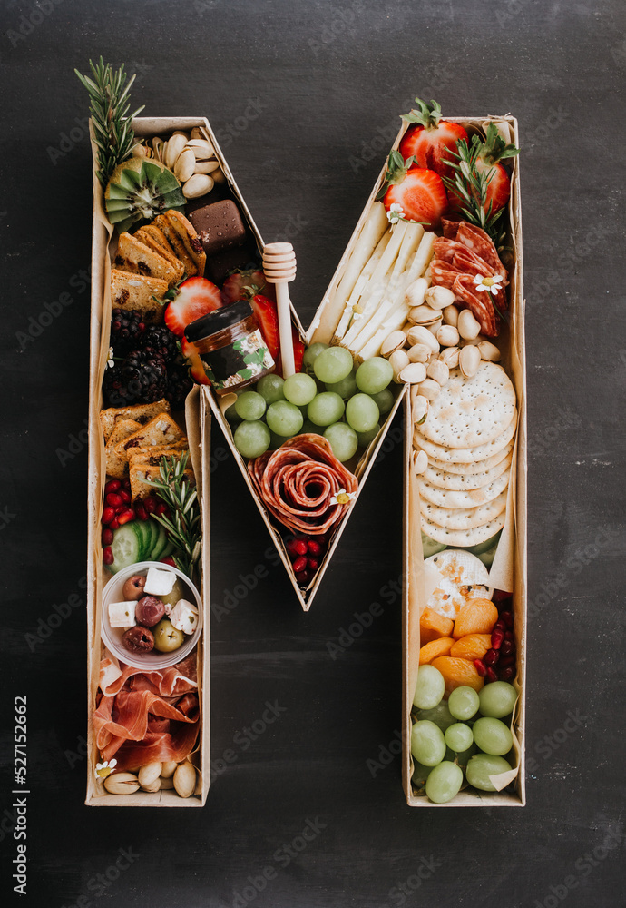 Letter "M" charcuterie Box full of fresh cheeses, fruits, and meats ...