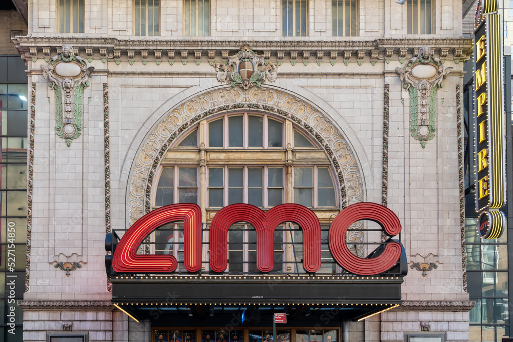 New York City, USA - August 18, 2022: The AMC sign above the entrance ...