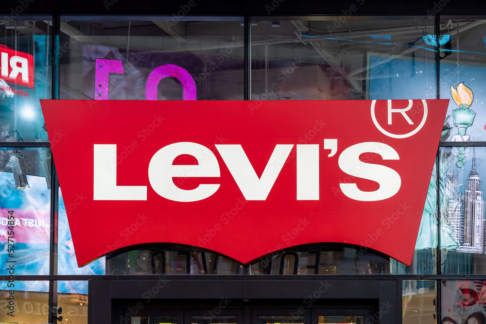 New York City, USA - August 18, 2022: A close up Levi store sign is ...