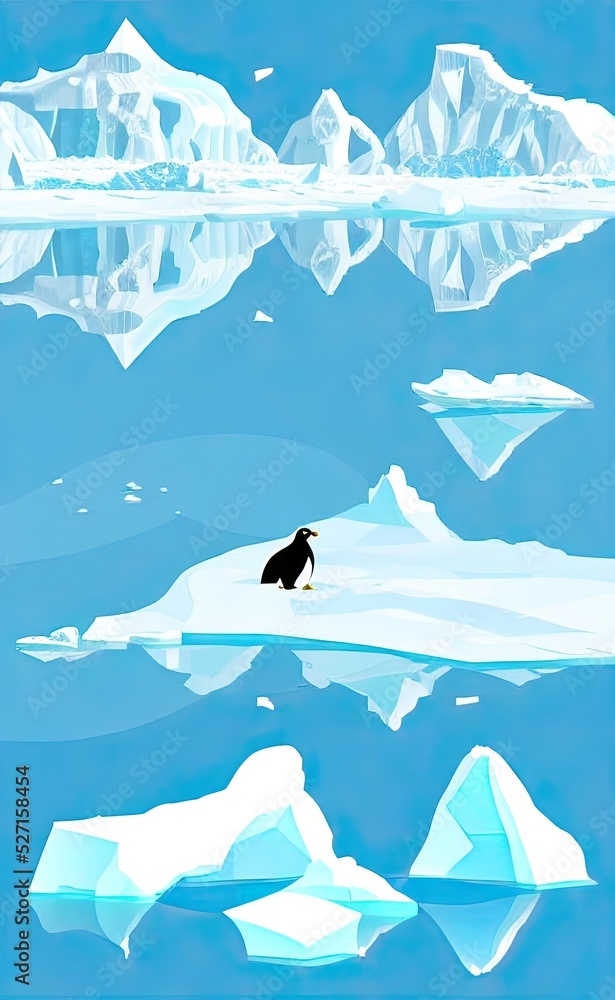 Antarctic cold iceburg landscape with ice and snow. Cartoon penguins ...