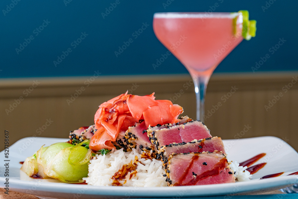 Sesame Crusted Tuna atop Sticky Rice with Baby Bok Choy and Ginger Soy ...