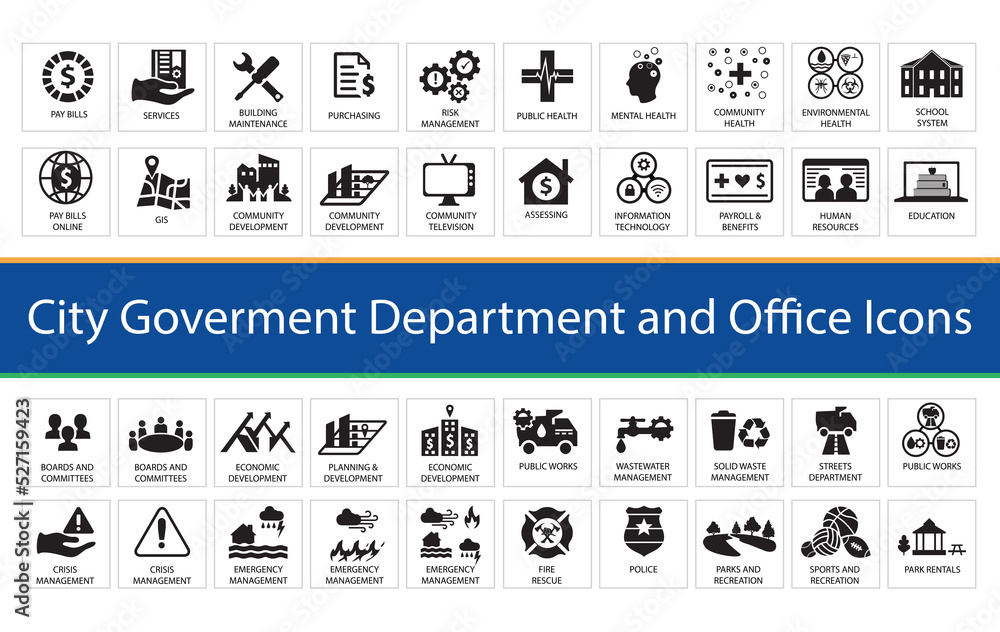 City Government Department and Office Services icons Stock Illustration ...