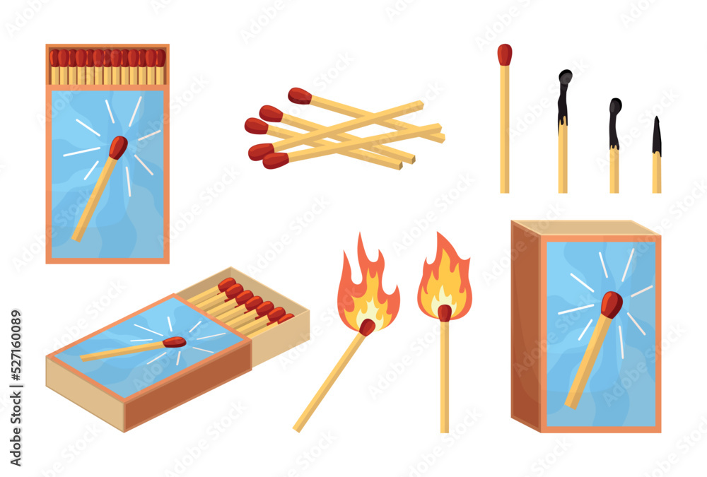 Set of matches. Collection of elements for kindling fire and flame ...