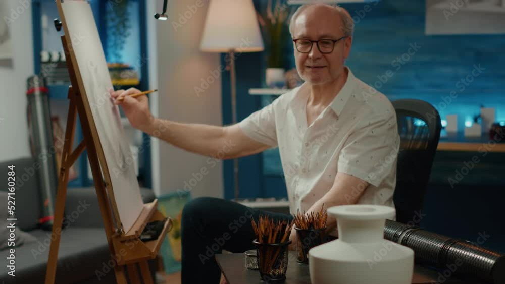 Senior artist drawing professional artwork with vase model, creating ...