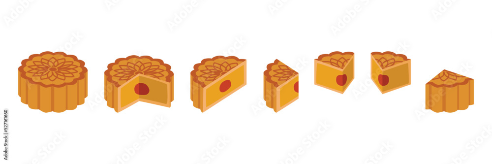 Set of whole, a half, a quarter cut slice of baked mooncake with bean ...